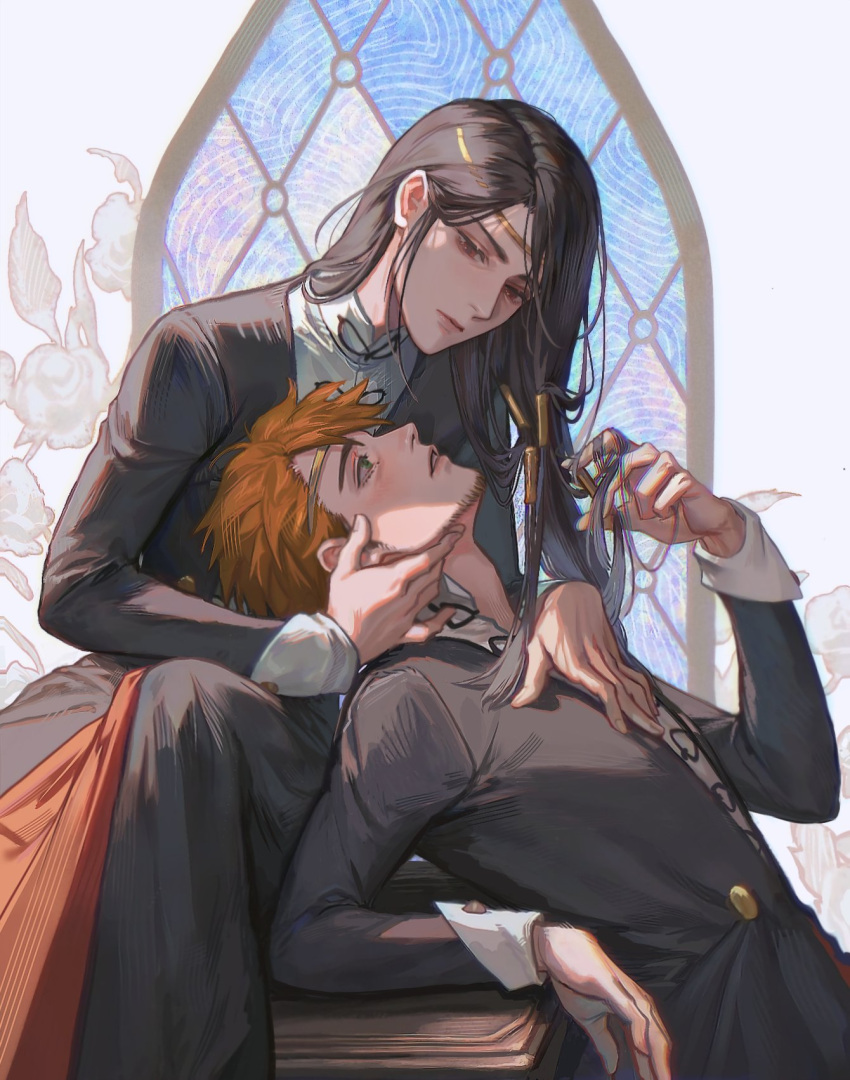 Safebooru - 2boys adam's apple aubergrin black hair black jacket black pants buttons circlet ...