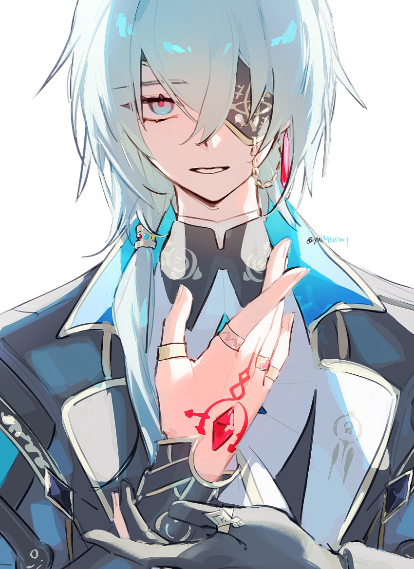 Safebooru - 1boy anaxa (honkai: star rail) aqua hair black jacket blue eyes eyepatch grin hand ...