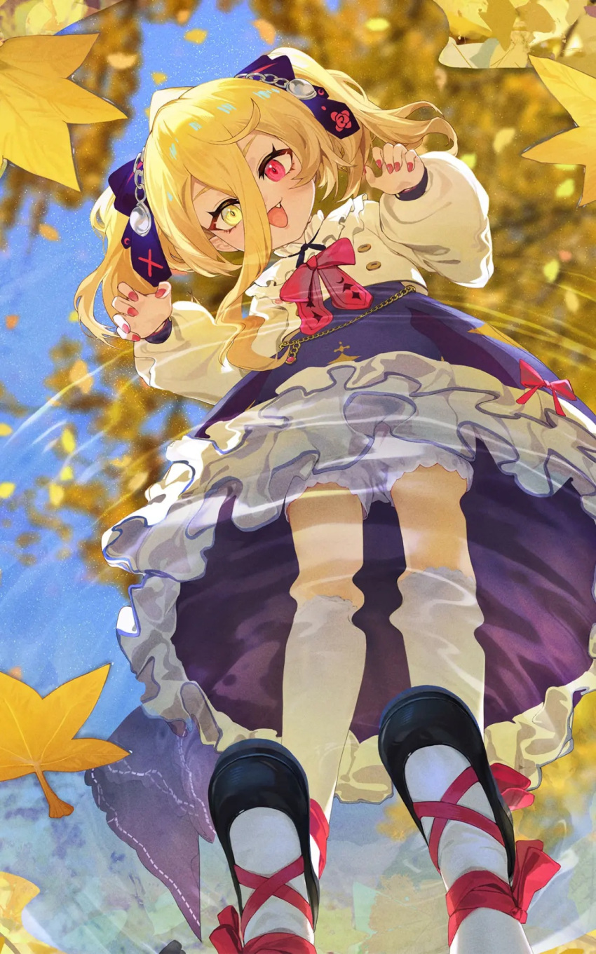 Safebooru - 1girl autumn autumn leaves bad source blonde hair blush bow child claw pose cross ...