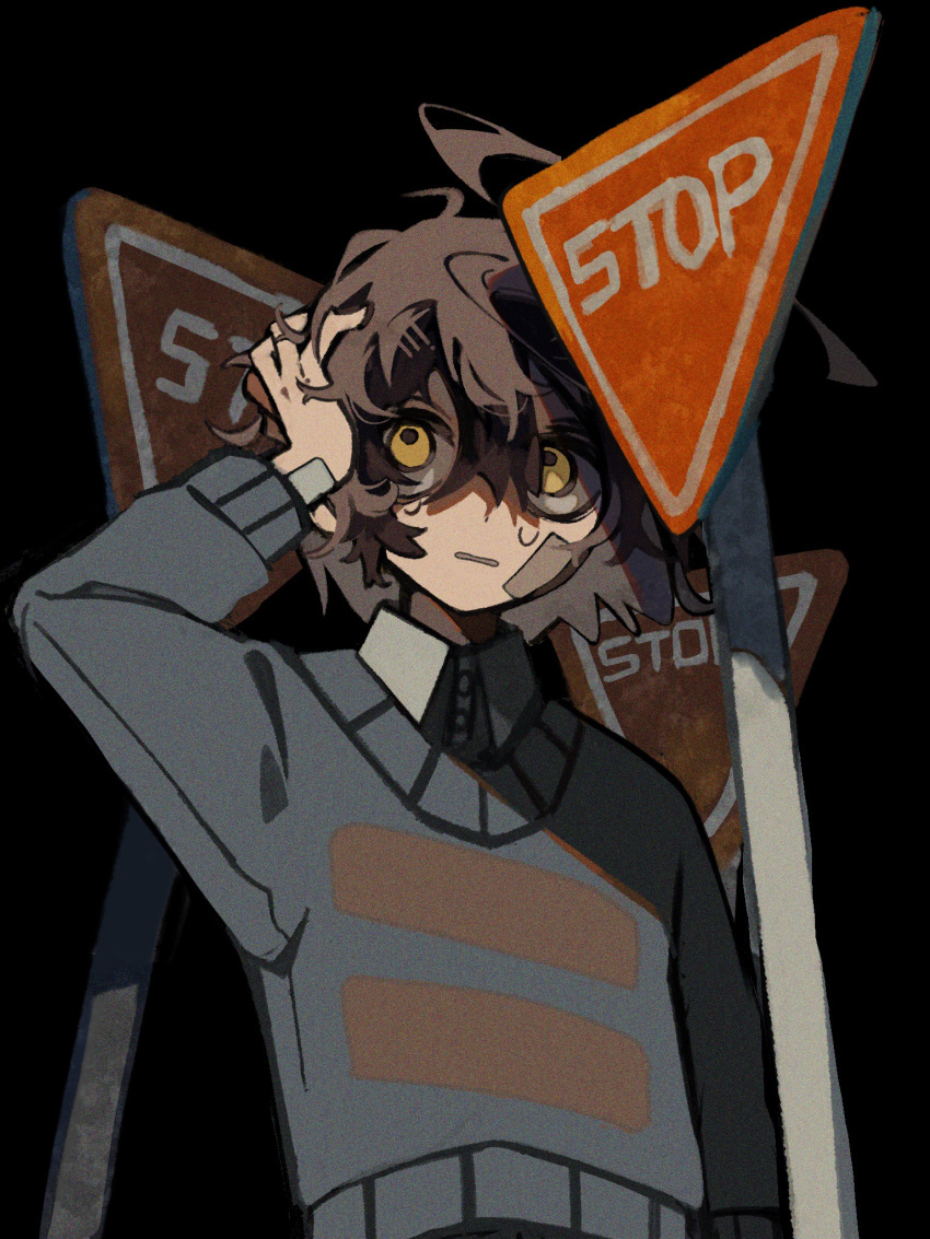 Safebooru - 1other black background blue sweater brown hair double ...