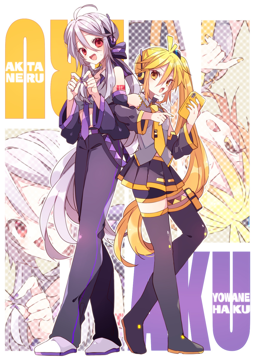 Safebooru - 2girls :d akita neru bike shorts under skirt black boots ...