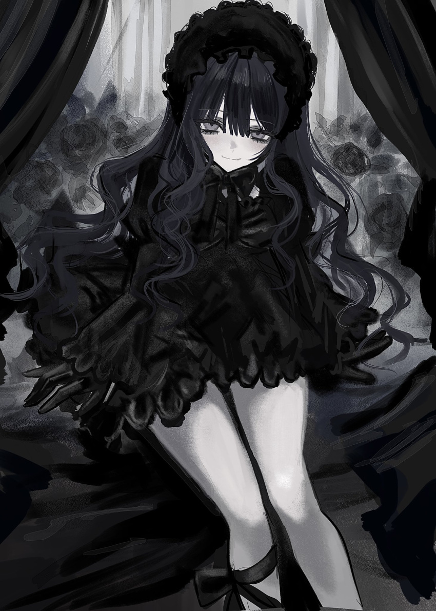 Safebooru - 1girl akai ringo (eveyuno) black dress black hair black hairband black ribbon closed ...