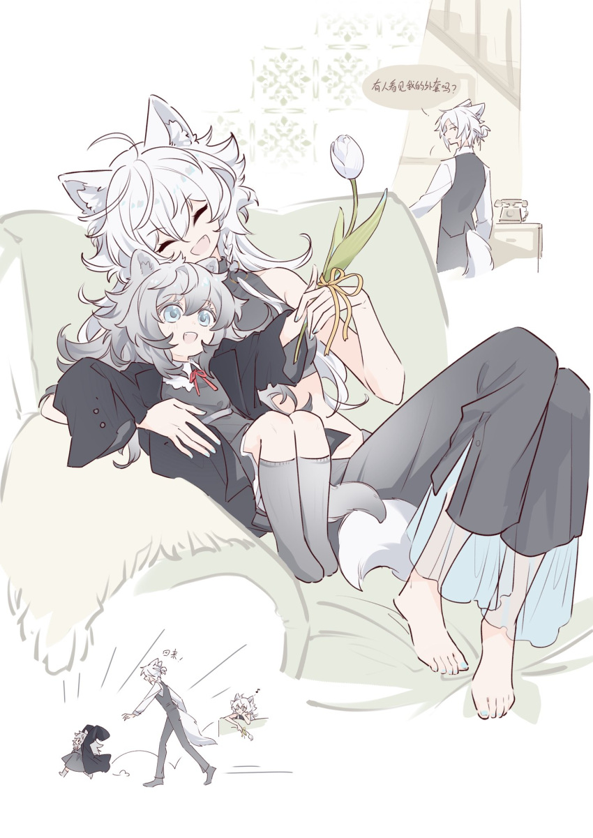 Safebooru - 1boy 2girls aged down animal ear fluff animal ears arknights barefoot blue eyes ...