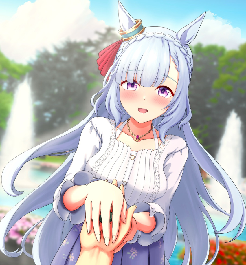 Safebooru - 1girl 1other animal ears blue hair blurry blurry background blush braid breasts ...