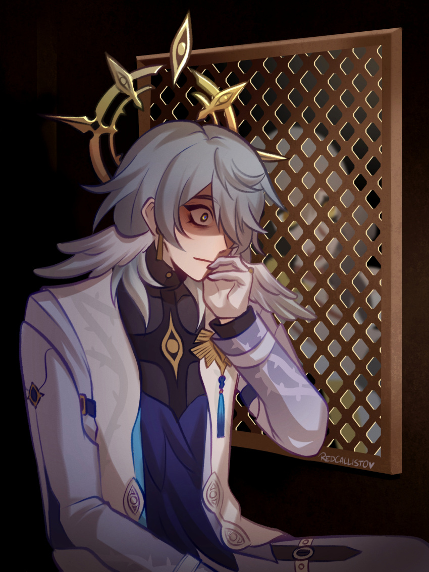 Safebooru - 1boy 1girl confessional gloves grey hair hand up head wings ...