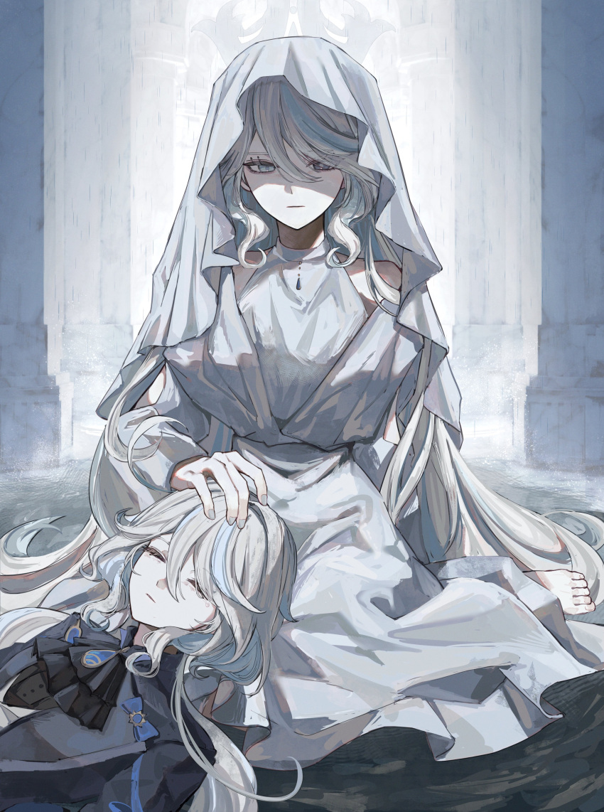 Safebooru - 2girls absurdres bare shoulders blue eyes blue hair closed eyes column lineup dress ...