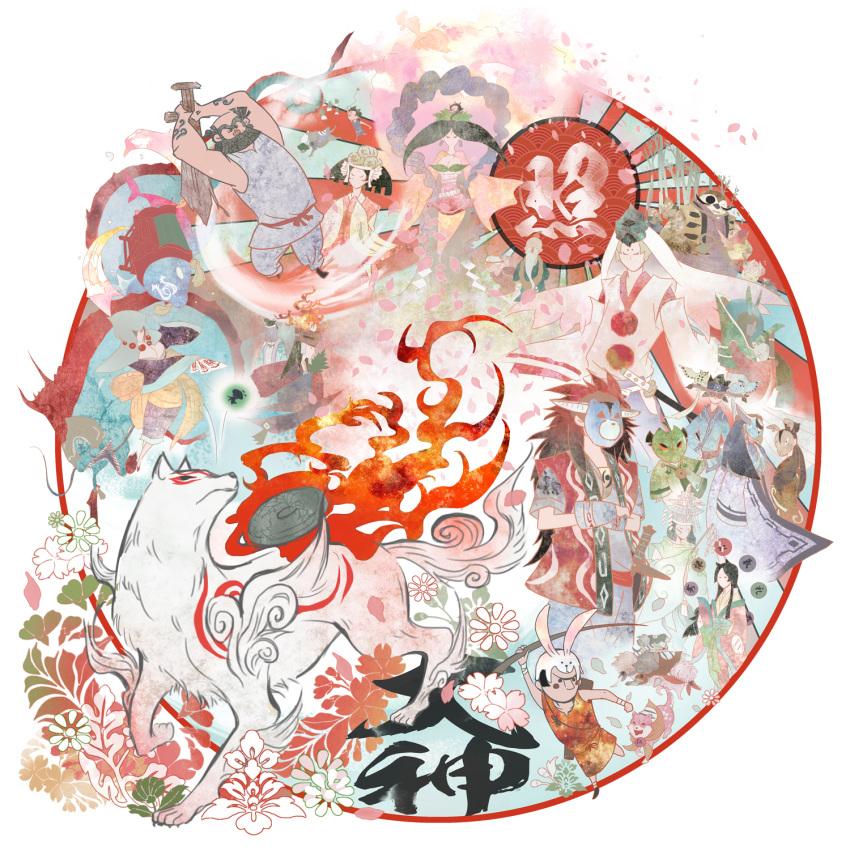 Safebooru - amaterasu (ookami) calligraphy cherry blossoms everyone ...