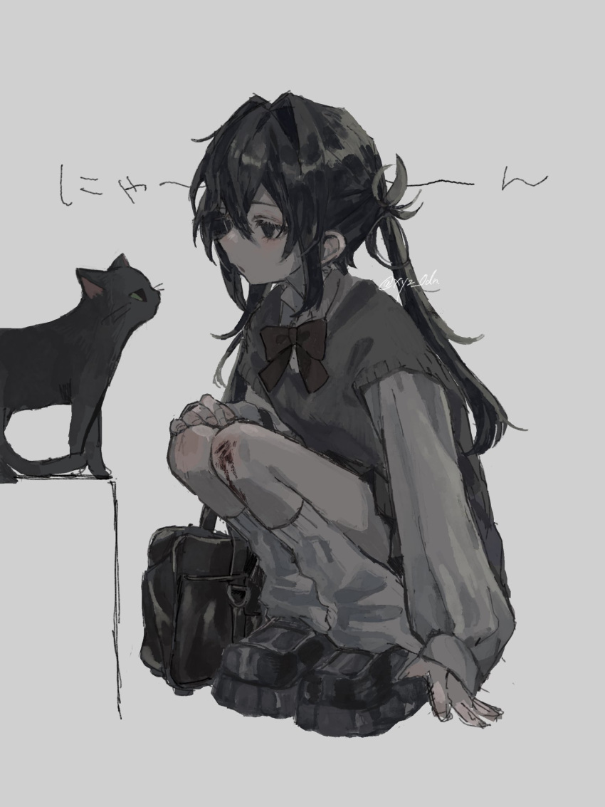 Safebooru - 1girl black bag black cat black eyes black hair black shoes blood cat grey ...