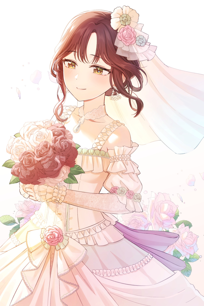 Safebooru - 1girl bare shoulders blush bouquet bridal veil bride choker closed mouth collarbone ...