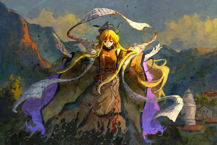 Safebooru - 1girl absurdres black hat blonde hair building chinese clothes closed mouth clouds ...