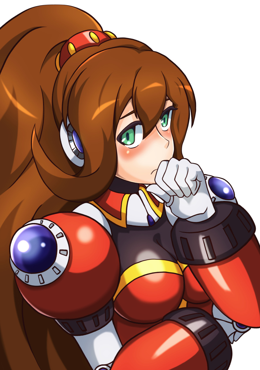 Safebooru - 1girl android blush breasts brown hair clenched hand closed mouth covered mouth ...