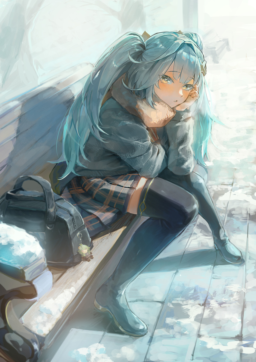 Safebooru - 1girl absurdres alternate costume bag bag charm bare tree bench black bag black ...