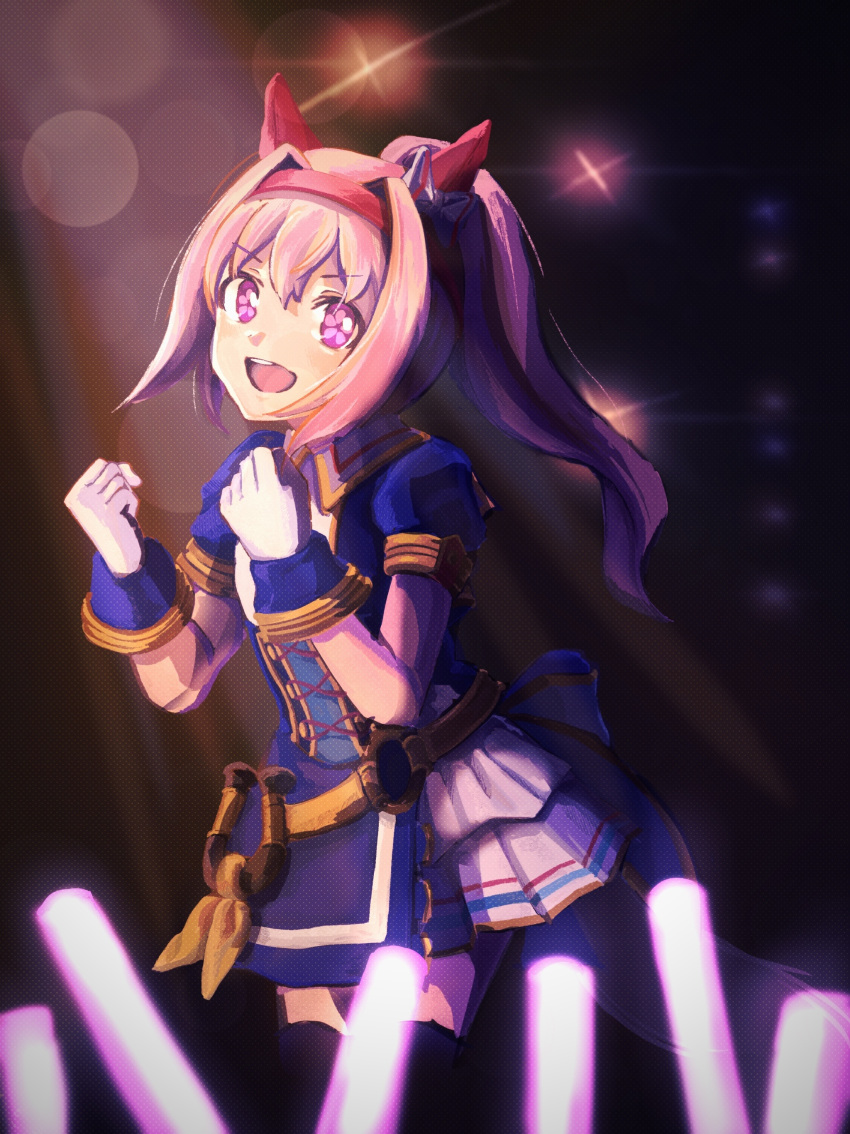 Safebooru - 1girl :d absurdres animal ears blue shirt bow clenched ...