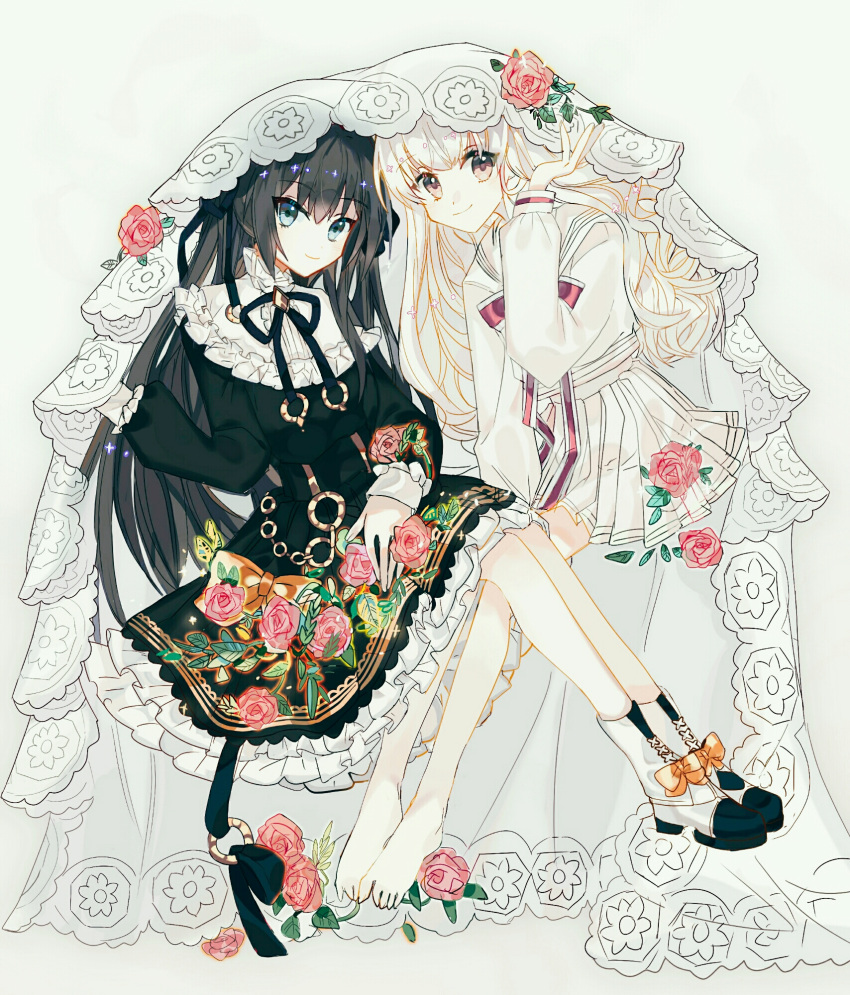 Safebooru - 2girls arcaea bad feet barefoot black hair black ribbon ...