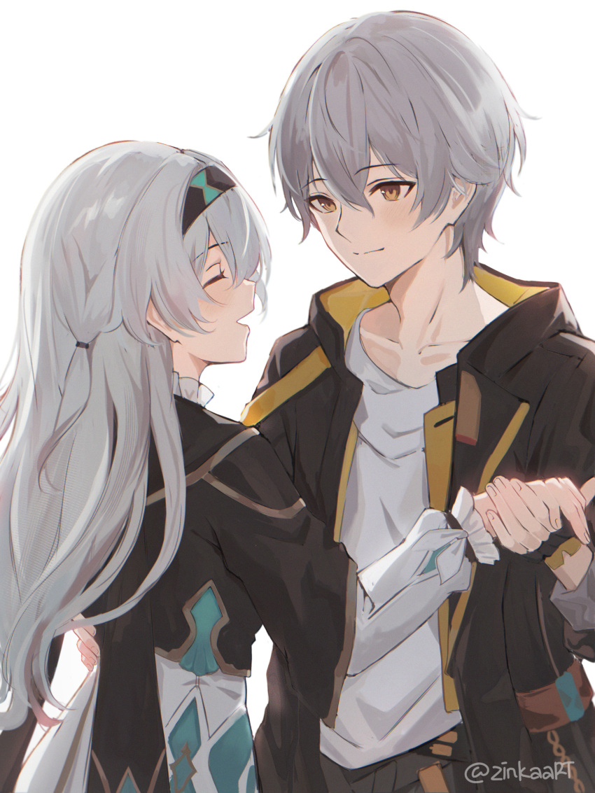 Safebooru - 1boy 1girl absurdres aqua dress black gloves black hairband black jacket caelus ...