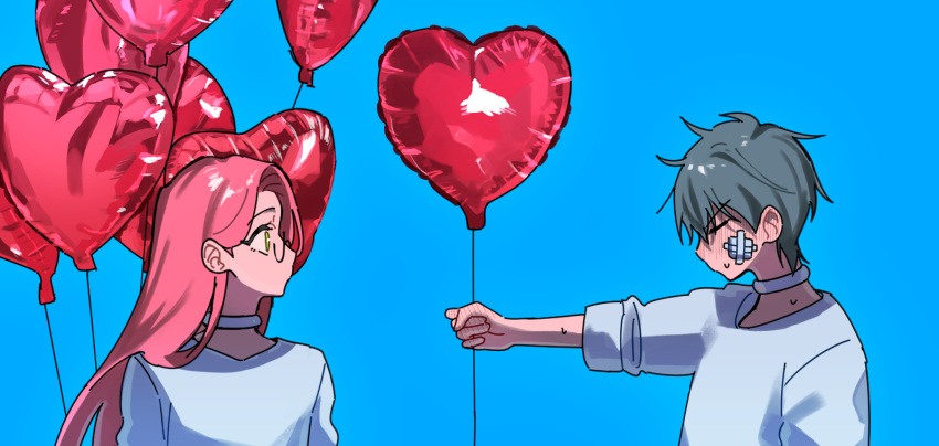 Safebooru - alien stage balloon blue background blush glasses grey hair ...