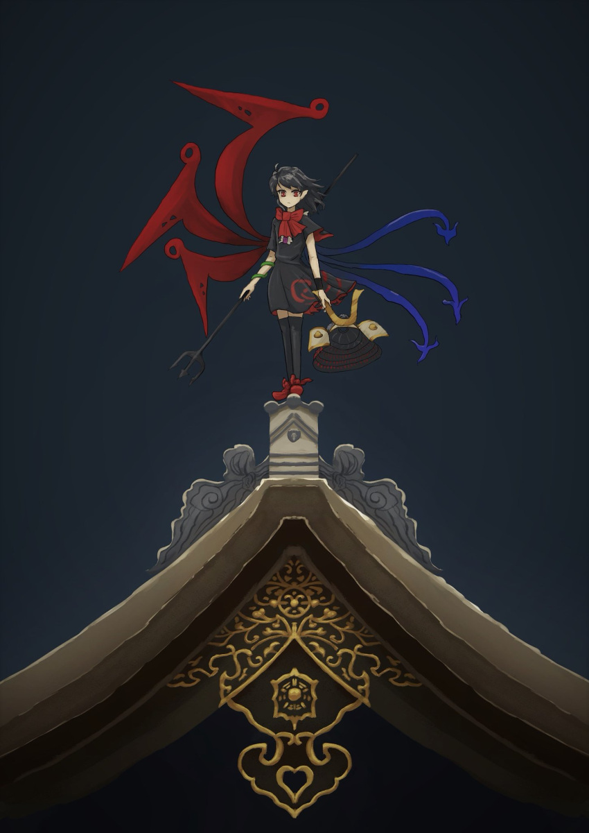 Safebooru - 1girl armor asymmetrical wings black dress black hair black thighhighs blue wings ...