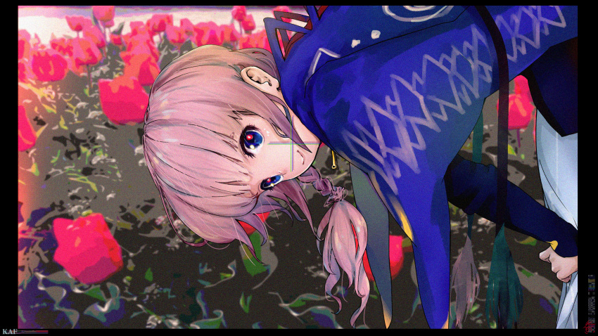 Safebooru - 1girl bent over blue eyes braid commentary request flower ...