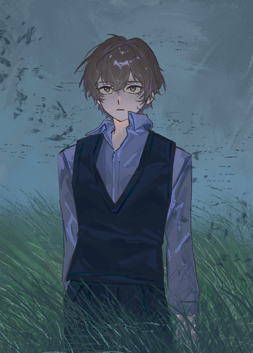 Safebooru - 1boy blonde hair blue shirt blue sky collared shirt grass ...