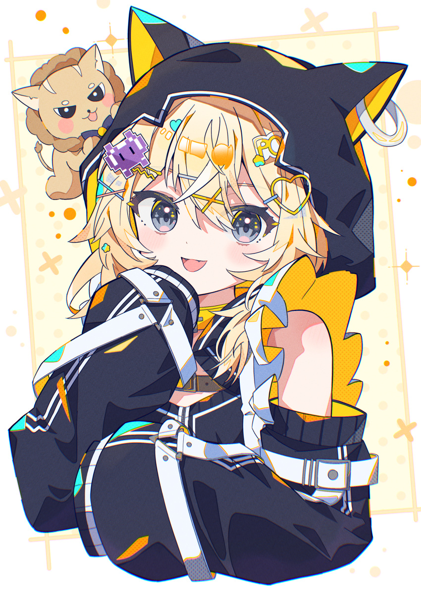 Safebooru - 1girl :d absurdres animal hood aramedraw bare shoulders black jacket black sleeves ...