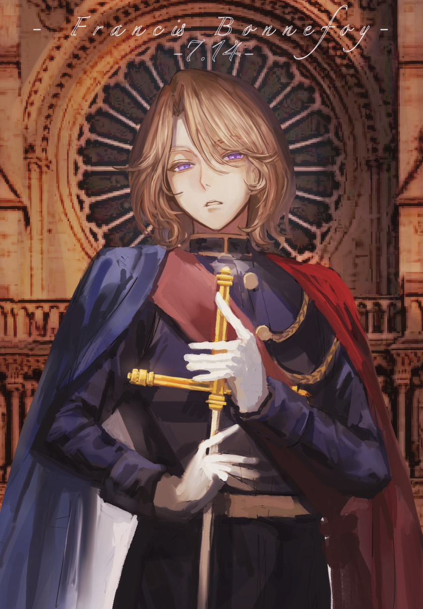 Safebooru - 1boy aiguillette axis powers hetalia belt blonde hair blue jacket cape dated france ...