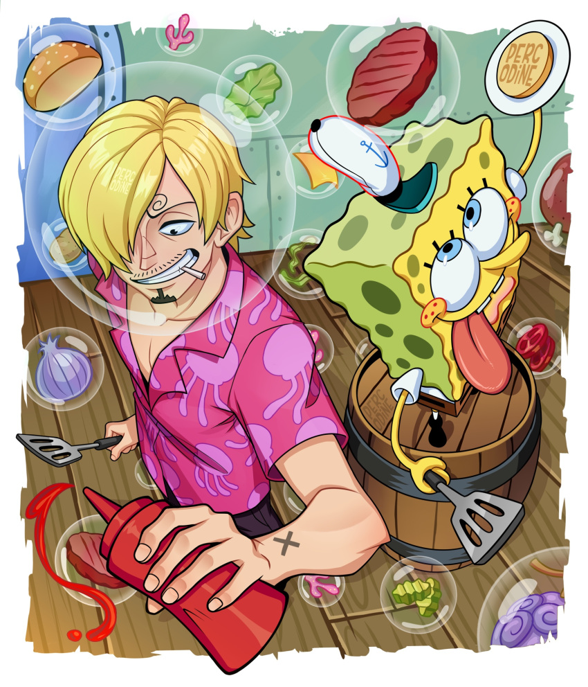 Safebooru - 2boys artist name barrel blonde hair bread bun cigar crossover facial hair food hat ...