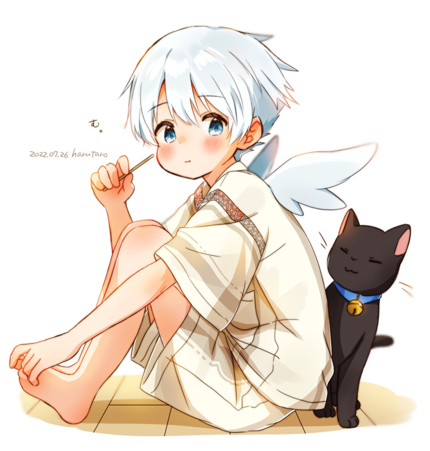 Safebooru - 1boy :3 animal barefoot bell black cat blue collar blue eyes blush cat child closed ...