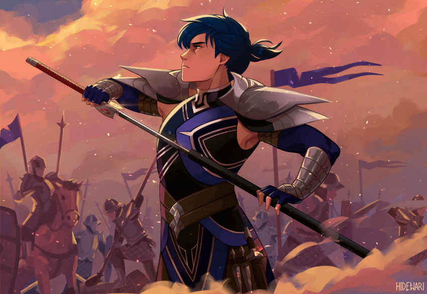 Safebooru - 1boy artist name battlefield cavalry closed mouth clouds ...