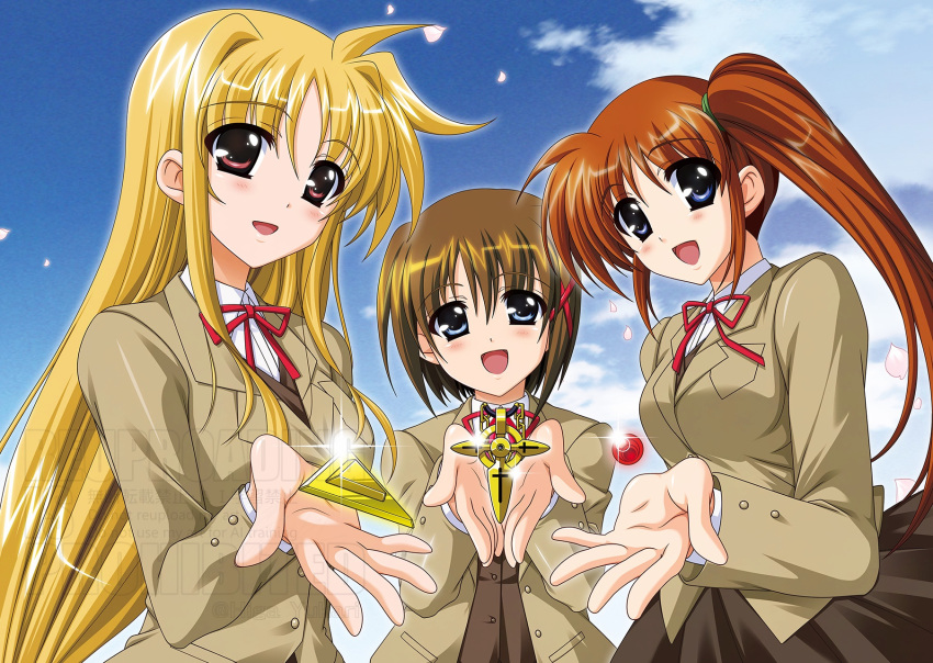 Safebooru - 3girls bardiche (nanoha) blazer blonde hair blue eyes brown ...