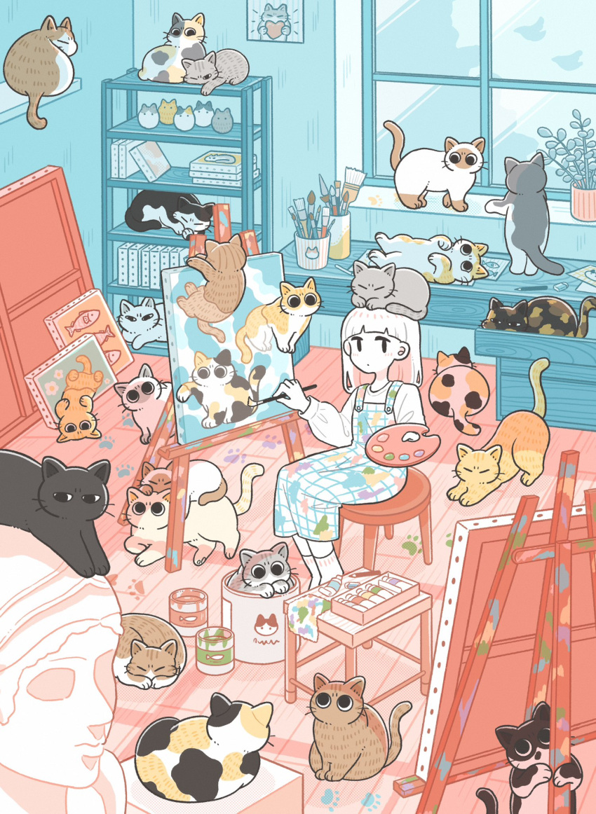 Safebooru - 1girl art brush black cat black eyes box brown cat calico ...