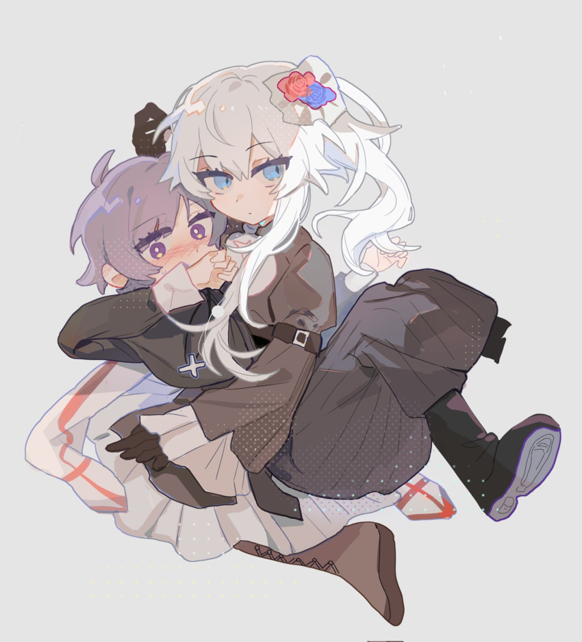 Safebooru - 1boy 1girl black boots black gloves blue eyes blush boots brown boots covered mouth ...