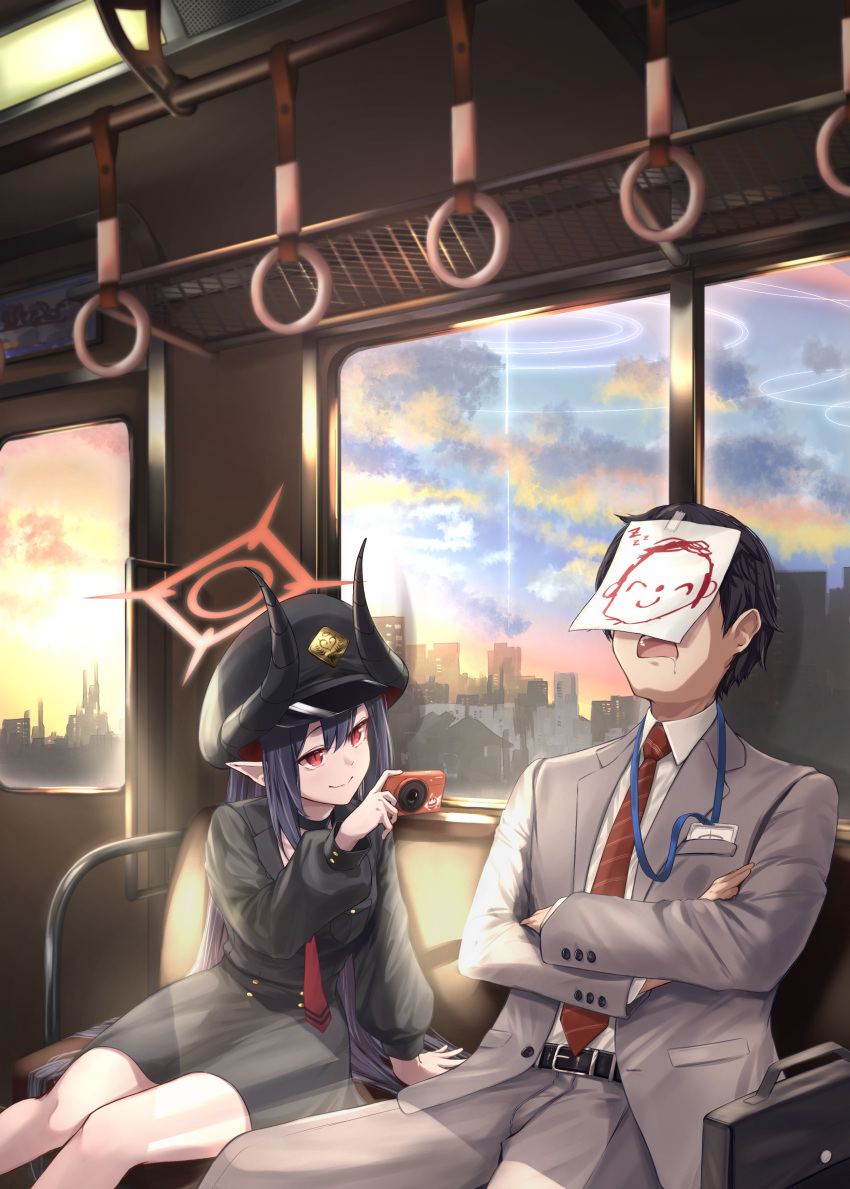 Safebooru - 1boy 1girl absurdres arm support belt black belt black choker black hair black hat ...