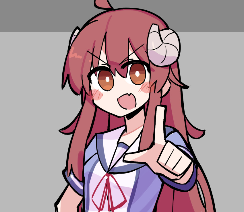 Safebooru 1girl D Ahoge Blush Stickers Brown Eyes Doyagao Fang 0799