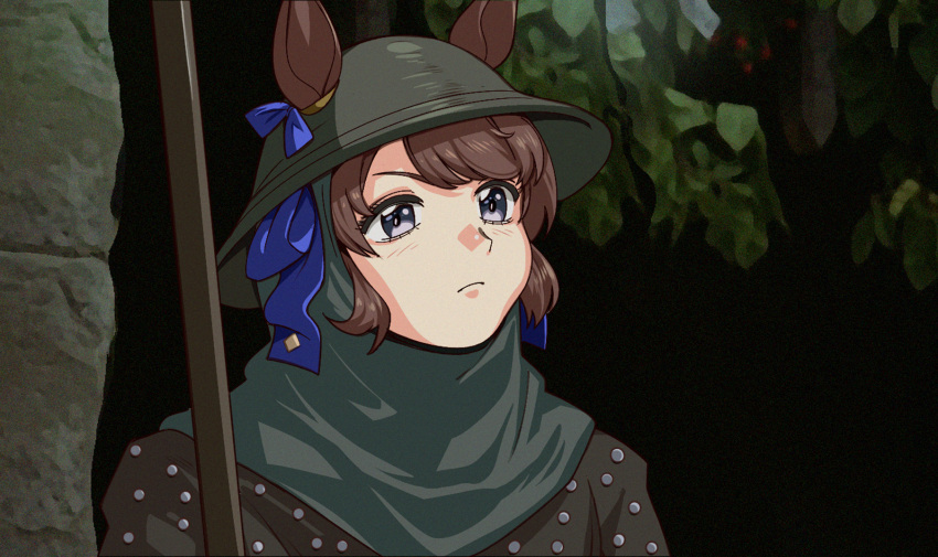 Safebooru - 1girl blue ribbon brown hair ear ribbon grey eyes helmet ...