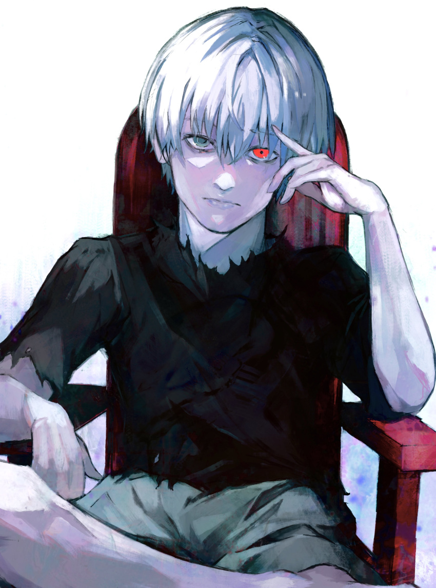 Safebooru - 1boy absurdres black shirt black shorts chair closed mouth ...
