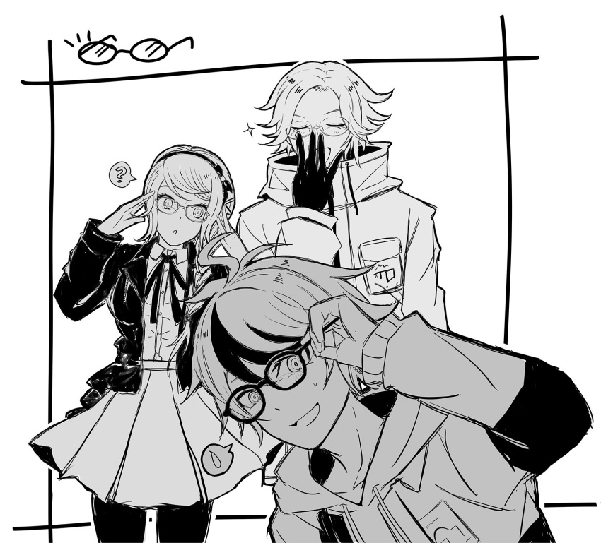 Safebooru - 1girl 2boys ? adjusting eyewear ahoge aotsuki eito bespectacled collared shirt ...