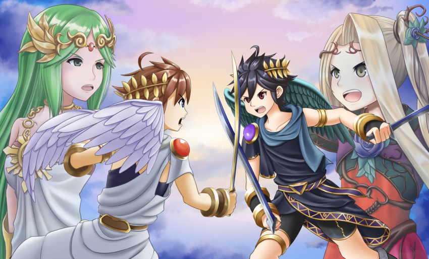 Safebooru - 2boys 2girls ahoge angel angel wings bike shorts black hair ...