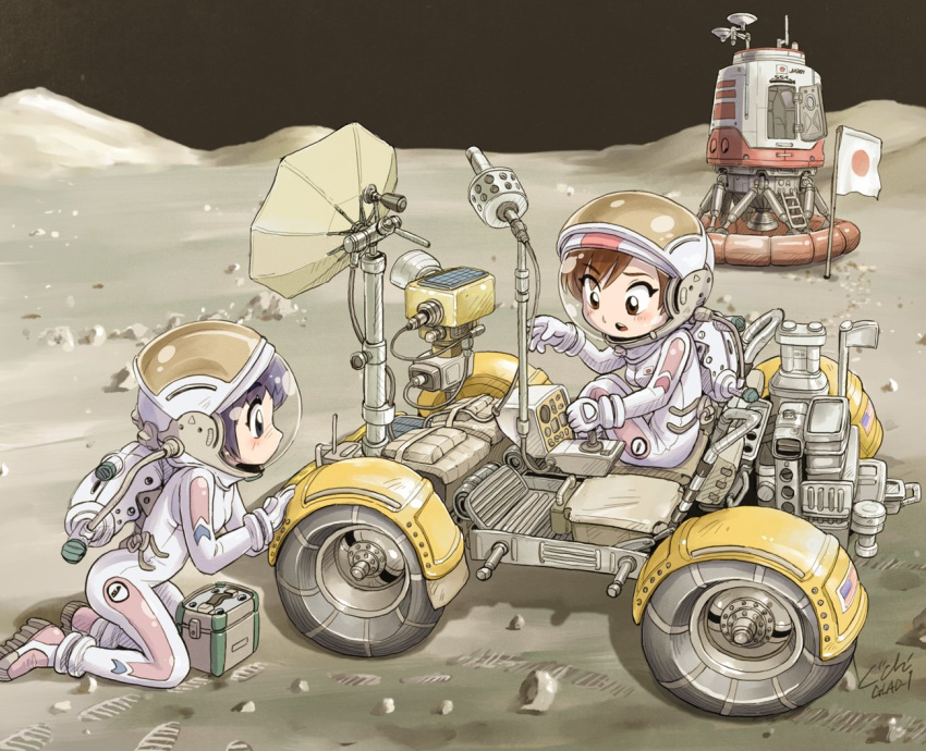 Safebooru - 2girls apollo program artist name backpack bag black eyes black hair bodysuit boots ...
