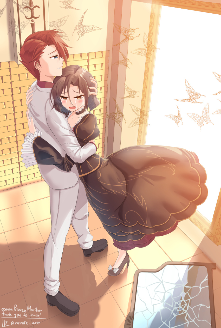 Safebooru - 1boy 1girl black dress blue eyes brown eyes brown hair bug butterfly commentary ...