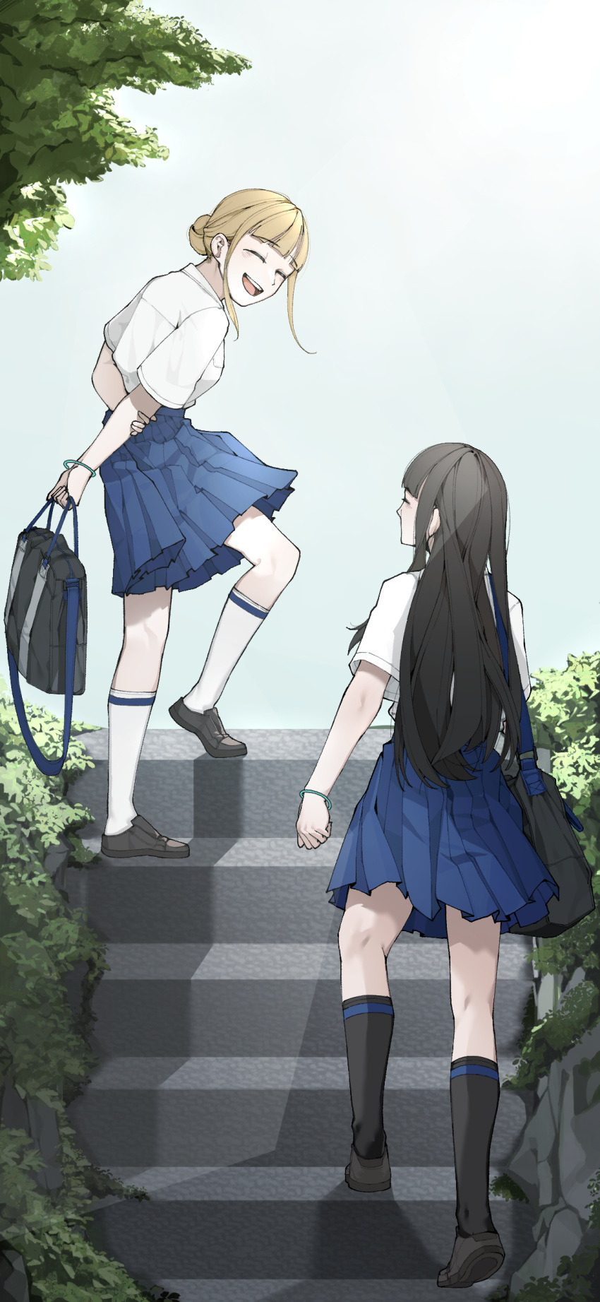 Safebooru - 2girls absurdres bag black hair black shoes black socks blonde hair blue skirt ...