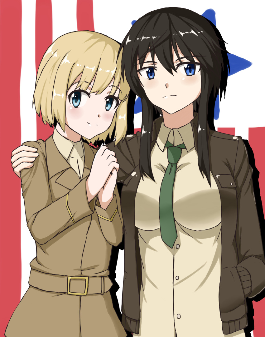 Safebooru - 2girls absurdres arm around shoulder black hair blonde hair ...