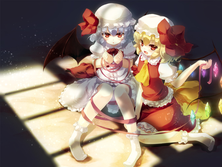 Safebooru - 2girls :d ascot bat wings blonde hair bow flandre scarlet gengetsu chihiro hair bow ...