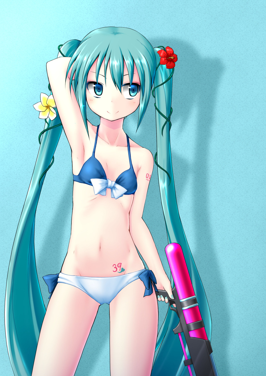 Safebooru - 1girl 39 absurdres aqua eyes aqua hair arm up basa rutan bikini flower hair flower ...