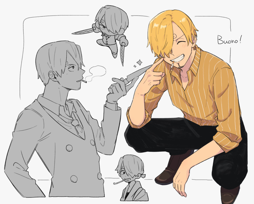 Safebooru 1boy Black Pants Blonde Hair Cigarette Closed Eyes Curly 0044