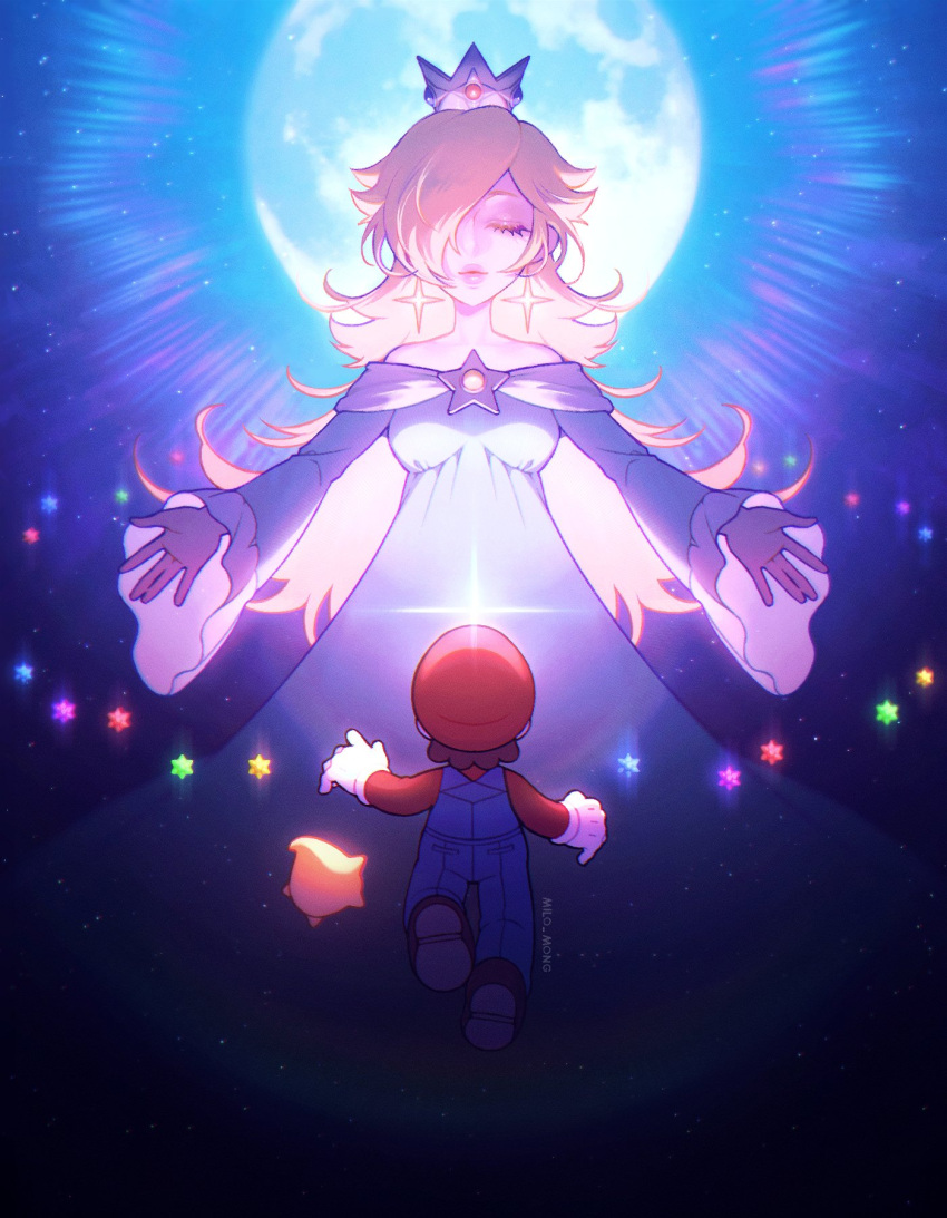 Safebooru - 1boy 1girl blonde hair blue dress blue overalls boots breasts brown hair closed eyes ...