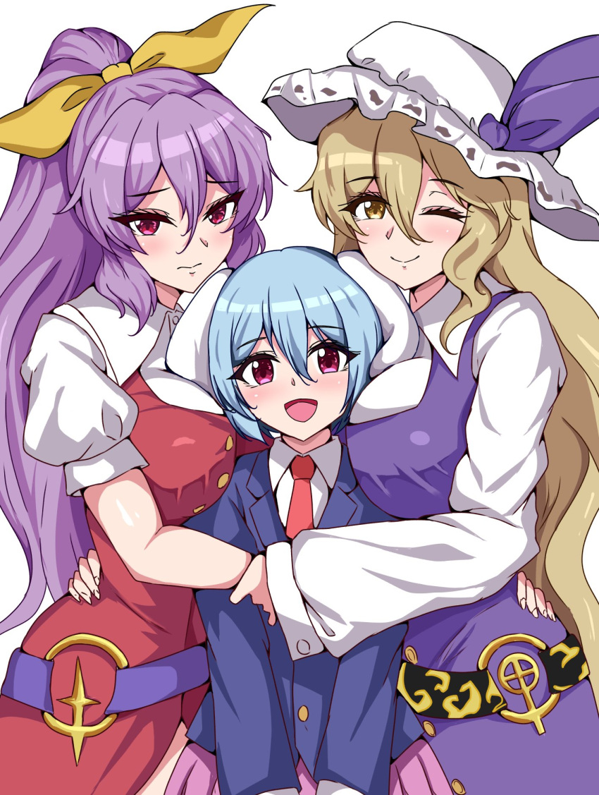 Safebooru - 3girls animal ears between breasts blonde hair blue hair ...