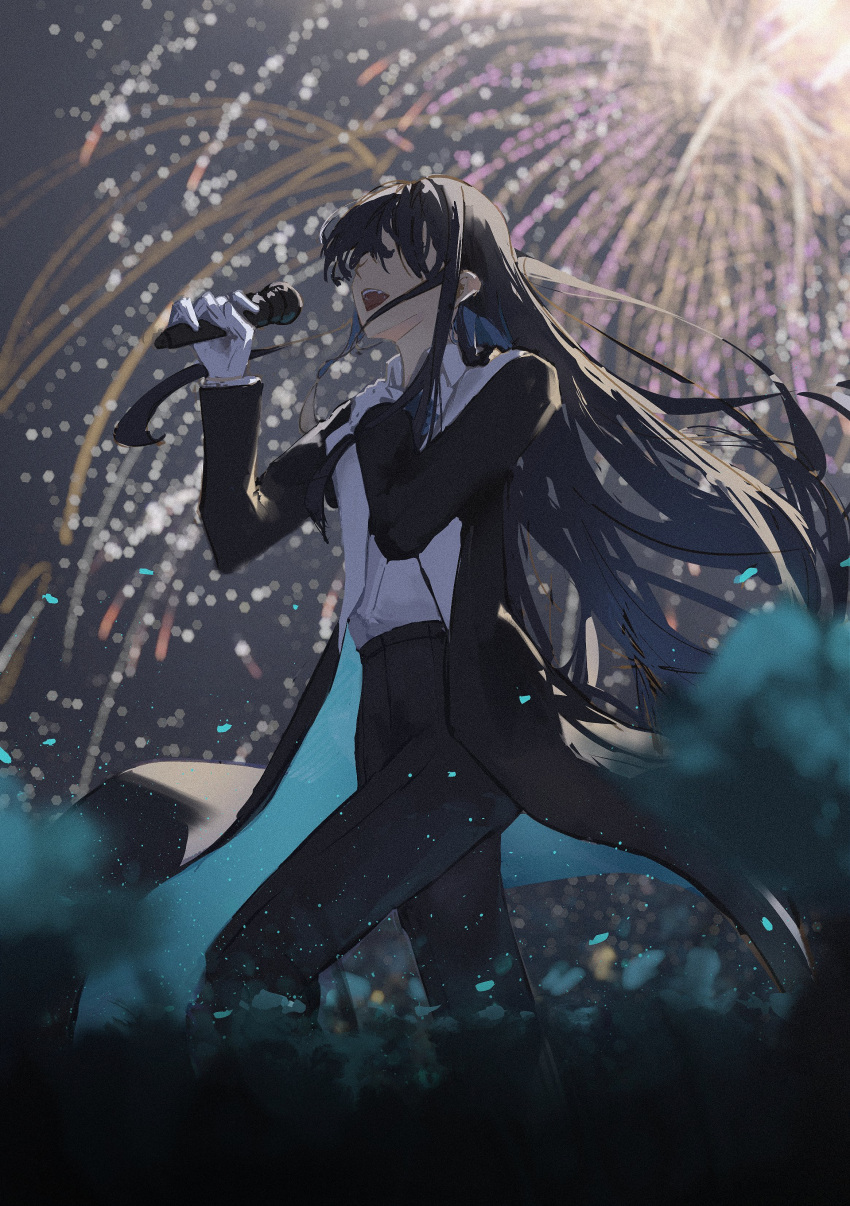 Safebooru - 1girl absurdres ado (utaite) aerial fireworks black coat ...