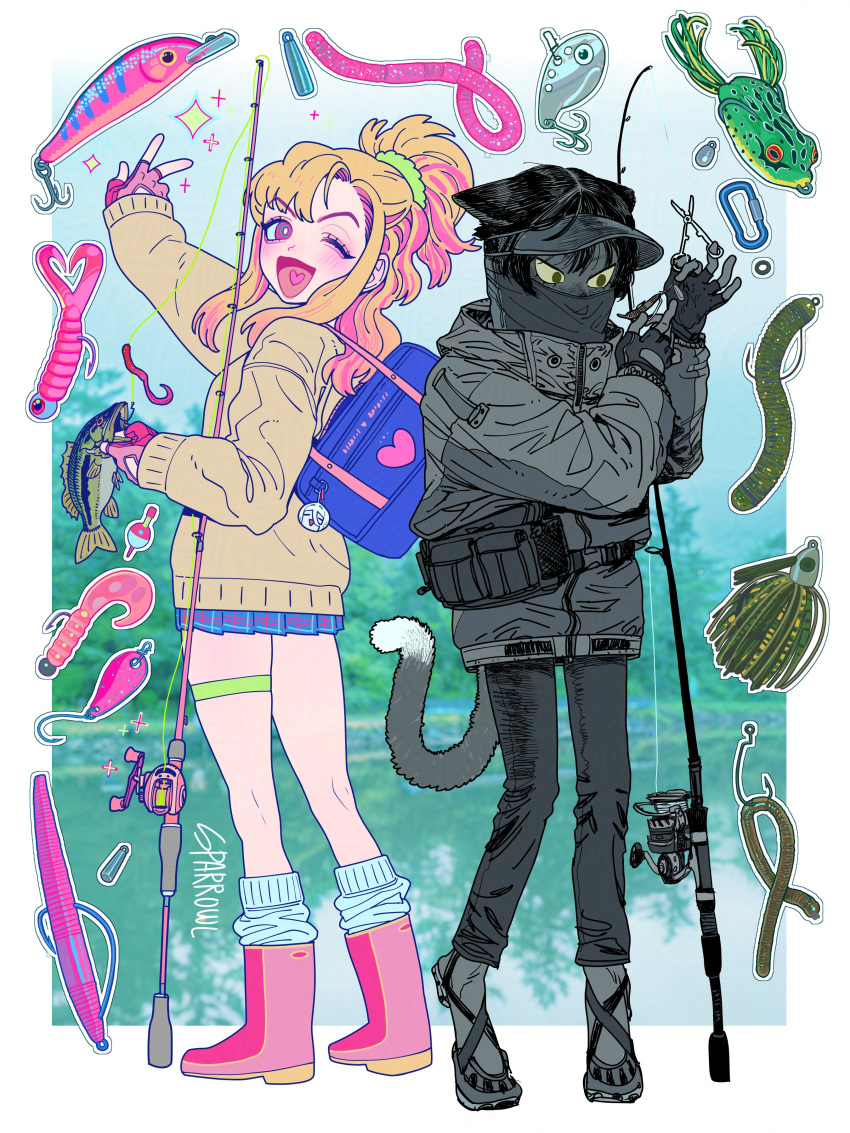 Safebooru - 2girls absurdres black pants black skin blonde hair boots cardigan cat tail colored ...