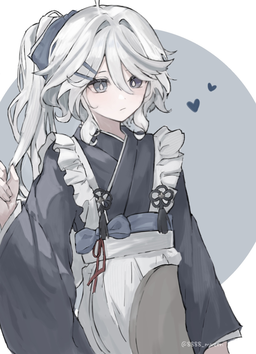 Safebooru - 1girl alternate costume alternate hairstyle apron blue eyes blue kimono cowlick drop ...