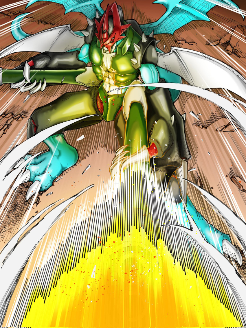 Safebooru - armor blue wings digimon digimon (creature) dragon eikenkobayashi firing green armor ...